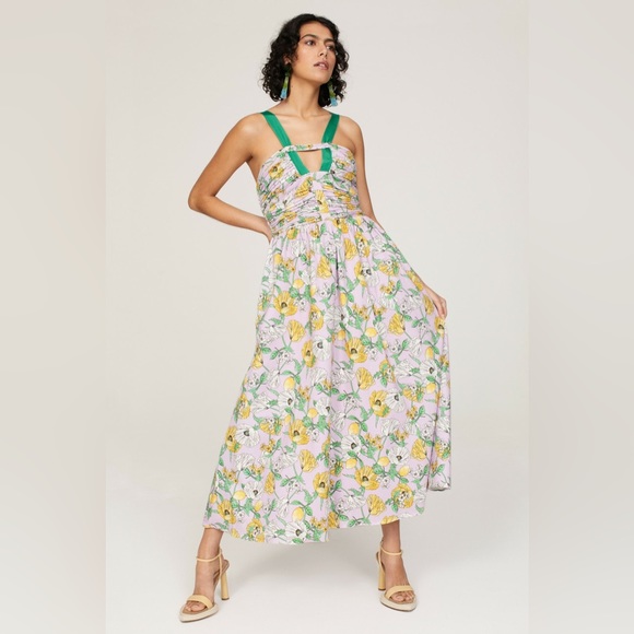 AMUR | Dresses | 498 Amur Leone Midi Dress Floral Green Pink Cotton ...